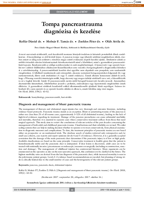 (PDF) Tompa pancreastrauma diagnózisa és kezelése = Diagnosis and ...