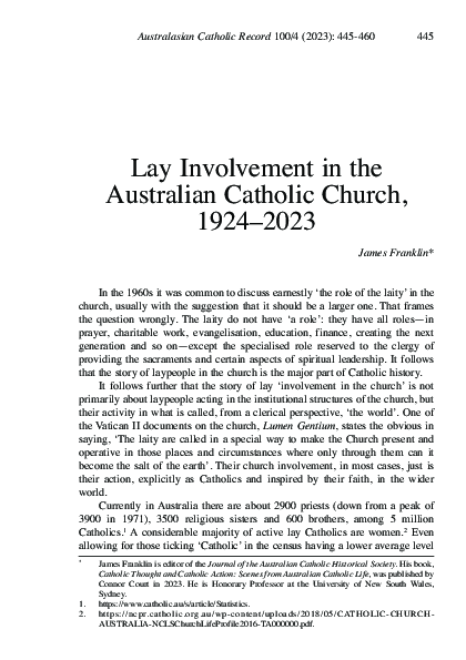 (PDF) Lay Involvement in the Australian Catholic Church, 1924-2023
