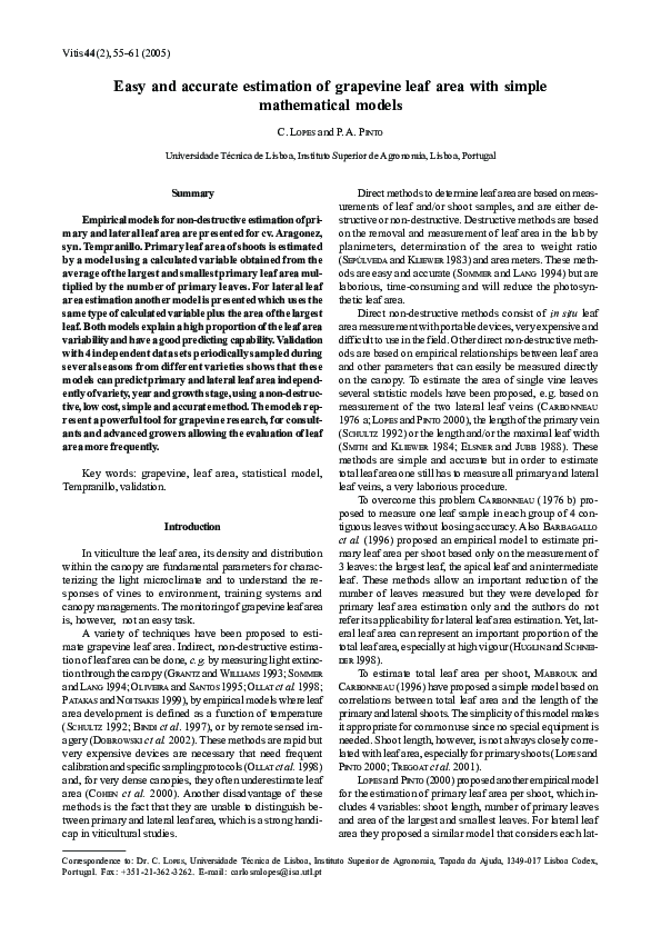 (PDF) Easy and accurate estimation of grapevine leaf area with simple mathematical models ...