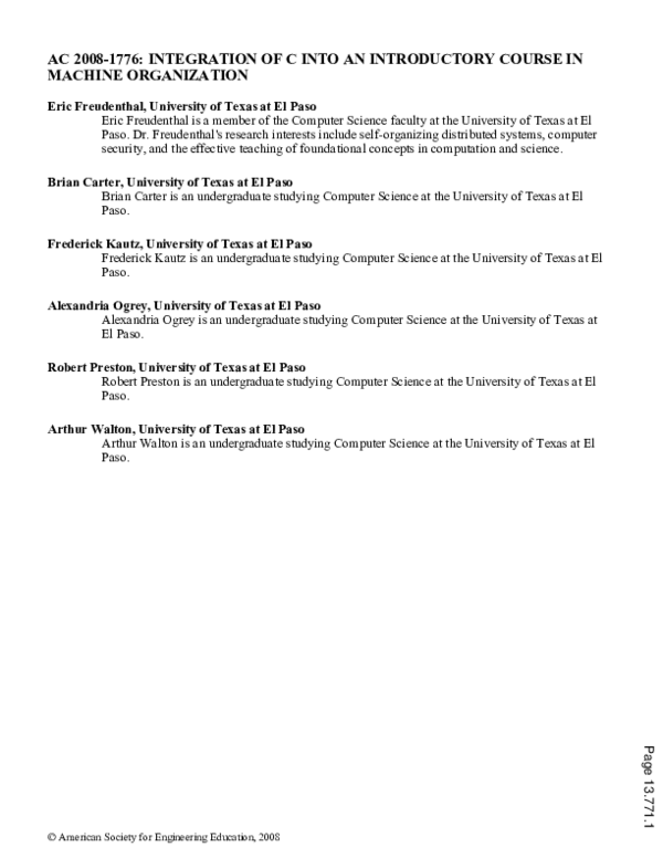 (PDF) Integration Of C Into An Introductory Course In Machine Organization