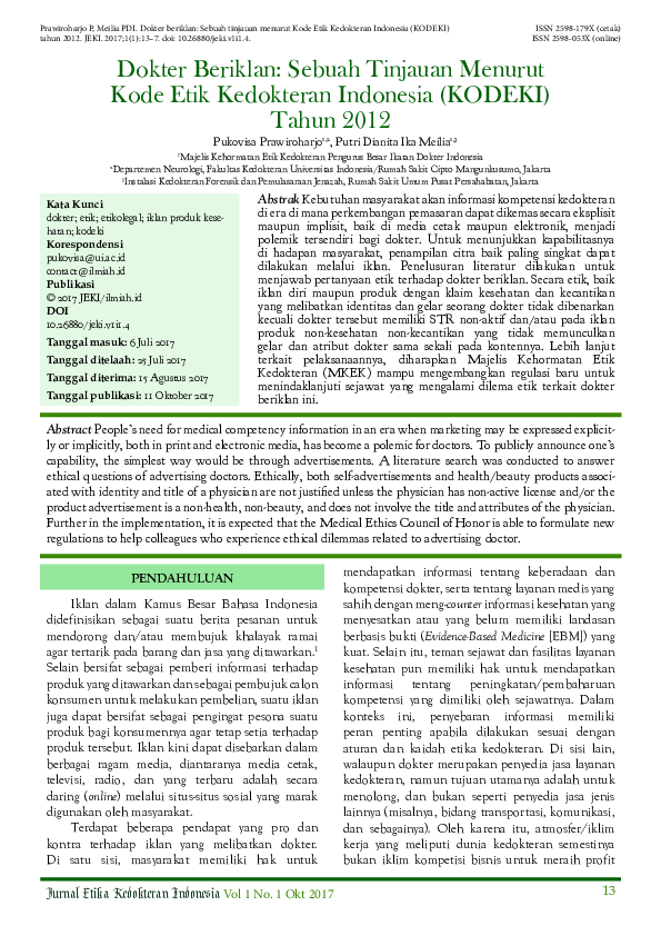 (PDF) Dokter Beriklan: Sebuah Tinjauan Menurut Kode Etik Kedokteran Indonesia (KODEKI) Tahun 2012