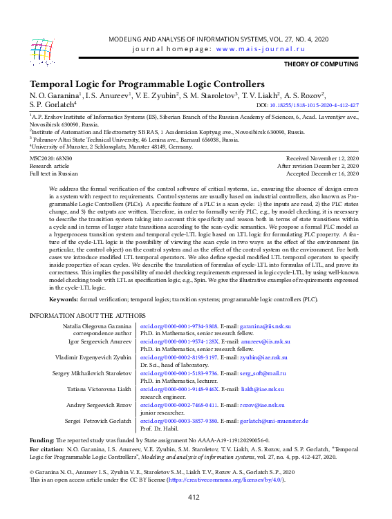 (PDF) A Temporal Logic for Programmable Logic Controllers