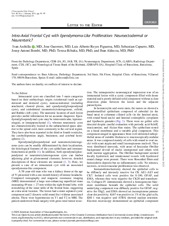 (PDF) Intra-Axial Frontal Cyst with Ependymoma-Like Proliferation ...