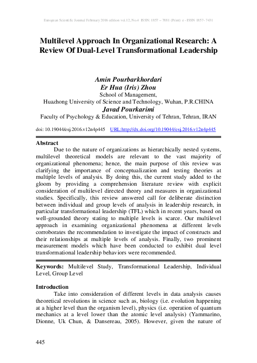 (PDF) Multilevel Approach In Organizational Research: A Review Of Dual-Level Transformational ...