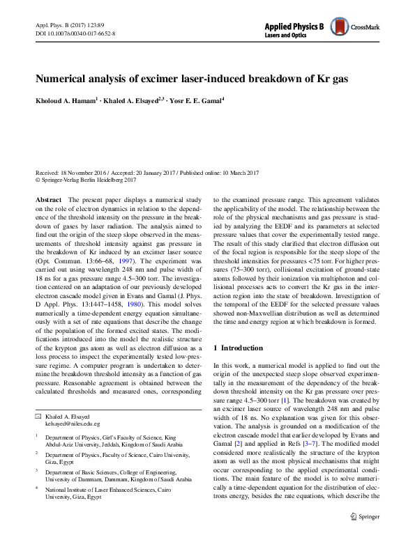 (PDF) Numerical analysis of excimer laser-induced breakdown of Kr gas