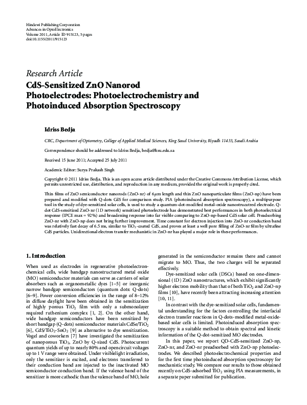 (PDF) CdS-Sensitized ZnO Nanorod Photoelectrodes: Photoelectrochemistry ...