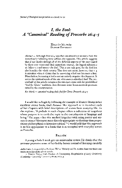 (PDF) I, the Fool: A "Canonical" Reading of Proverbs 26:4–5