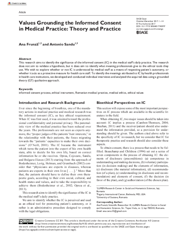 (PDF) Values Grounding the Informed Consent in Medical Practice: Theory ...