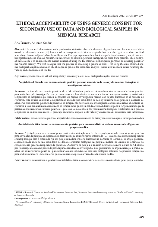(PDF) Ethical acceptability of using generic consent for secondary use ...
