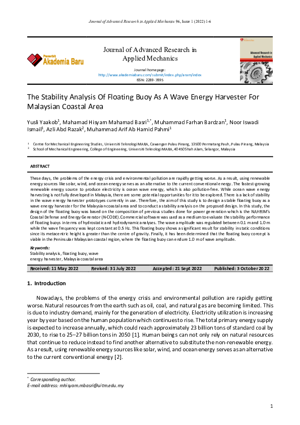 (PDF) The Stability Analysis Of Floating Buoy As A Wave Energy ...