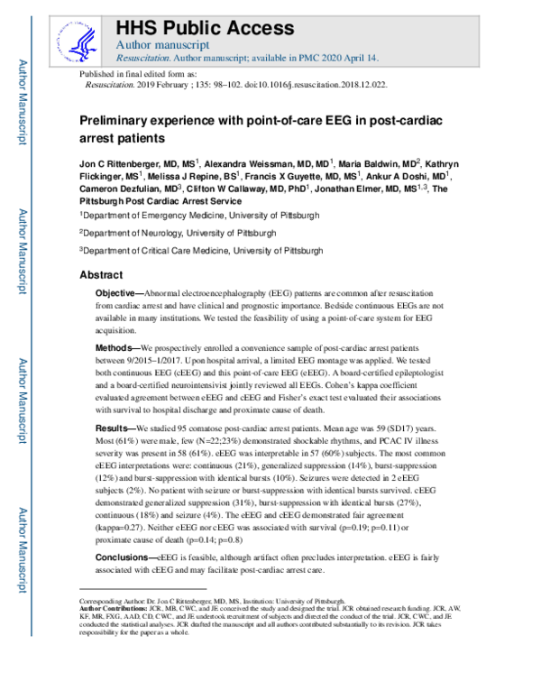 (PDF) Preliminary experience with point-of-care EEG in post-cardiac ...