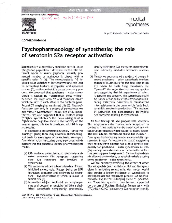 (PDF) Psychopharmacology of synesthesia; the role of serotonin S2a ...