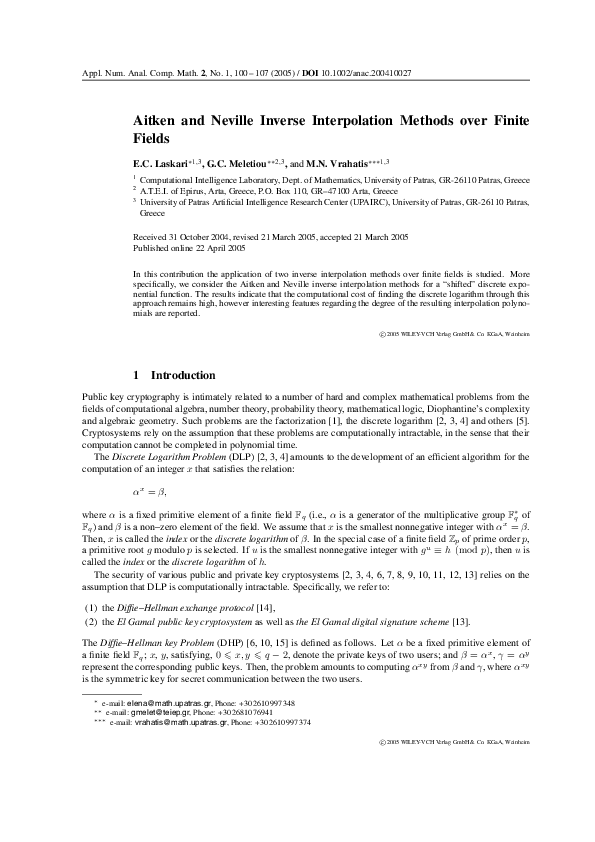 (PDF) Aitken and Neville Inverse Interpolation Methods over Finite Fields