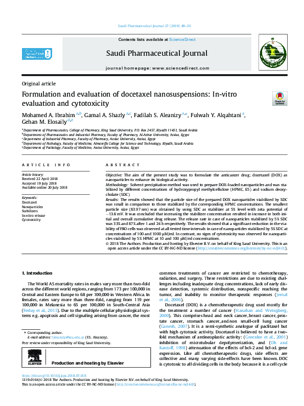 (PDF) Formulation and evaluation of docetaxel nanosuspensions: In-vitro evaluation and cytotoxicity