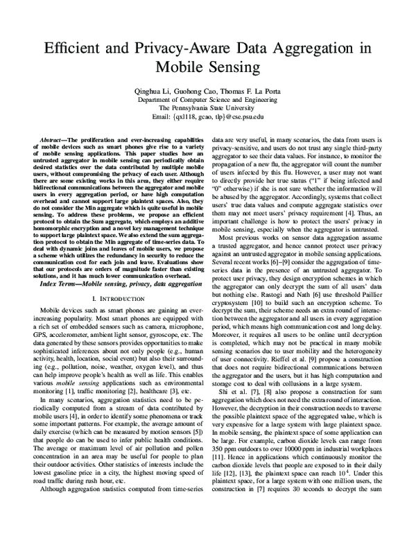 (PDF) Efficient and Privacy-Aware Data Aggregation in Mobile Sensing