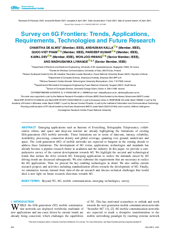Pdf Survey On 6g Frontiers Trends Applications Requirements Technologies And Future Research