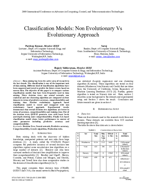 Pdf Classification Models Non Evolutionary Vs Evolutionary Approach