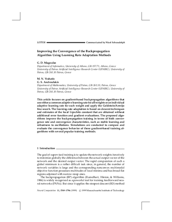 Pdf Improving The Convergence Of The Backpropagation Algorithm Using Learning Rate Adaptation