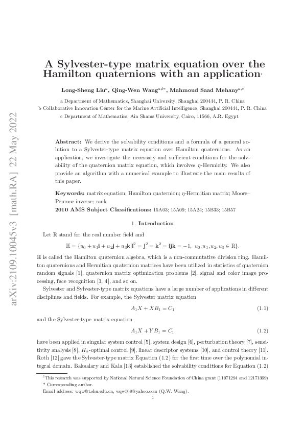(PDF) A significant quaternion matrix equation with applications
