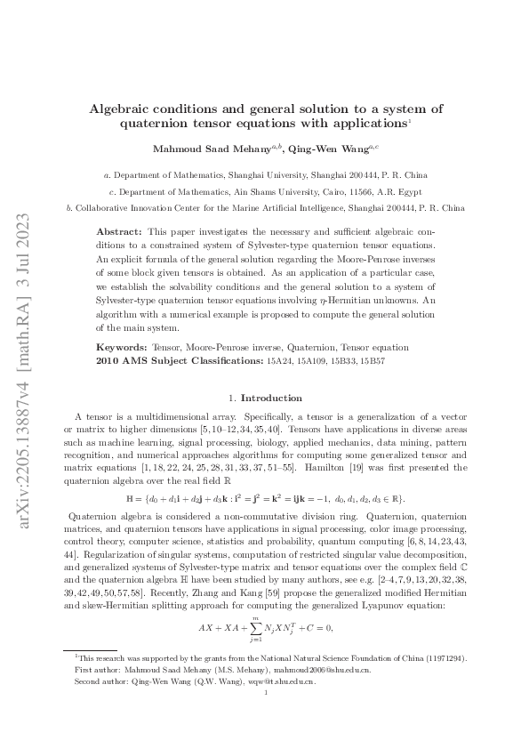 (PDF) Algebraic conditions and general solution to a system of quaternion tensor equations with ...