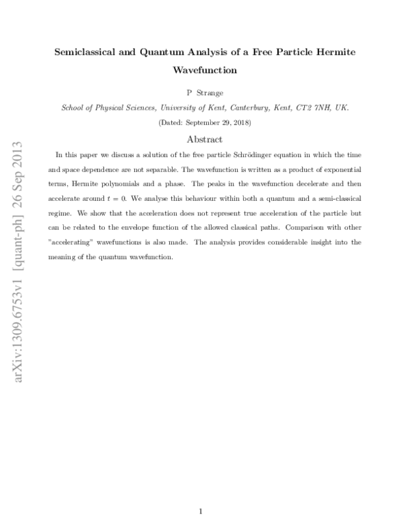 (PDF) Semiclassical and quantum analysis of a free-particle Hermite wave function