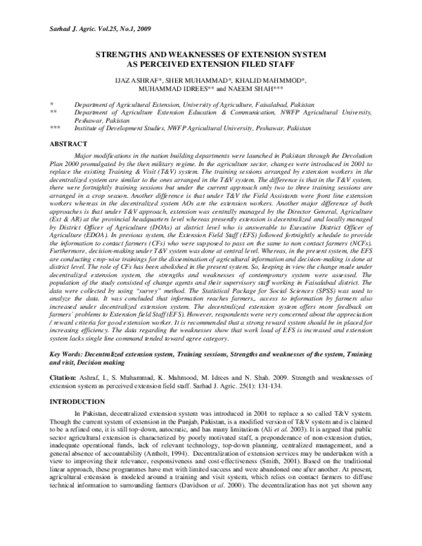 (PDF) Strengths and weaknesses of extension system as perceived ...