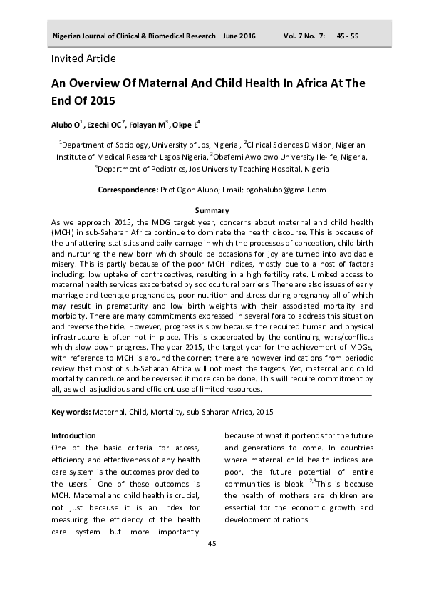 (PDF) An Overview Of Maternal And Child Health In Africa At The End Of 2015