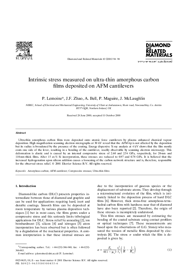 (PDF) Intrinsic stress measured on ultra-thin amorphous carbon films deposited on AFM cantilevers