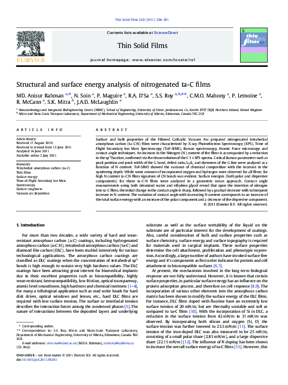 (PDF) Structural and surface energy analysis of nitrogenated ta-C films