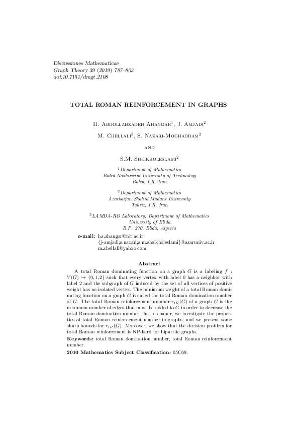 (PDF) Total Roman reinforcement in graphs | Mustapha Chellali ...