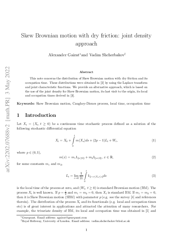 (PDF) Skew Brownian motion with dry friction: joint density approach