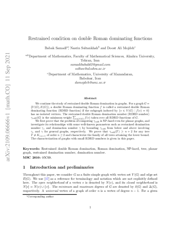 (PDF) Restrained condition on double Roman dominating functions