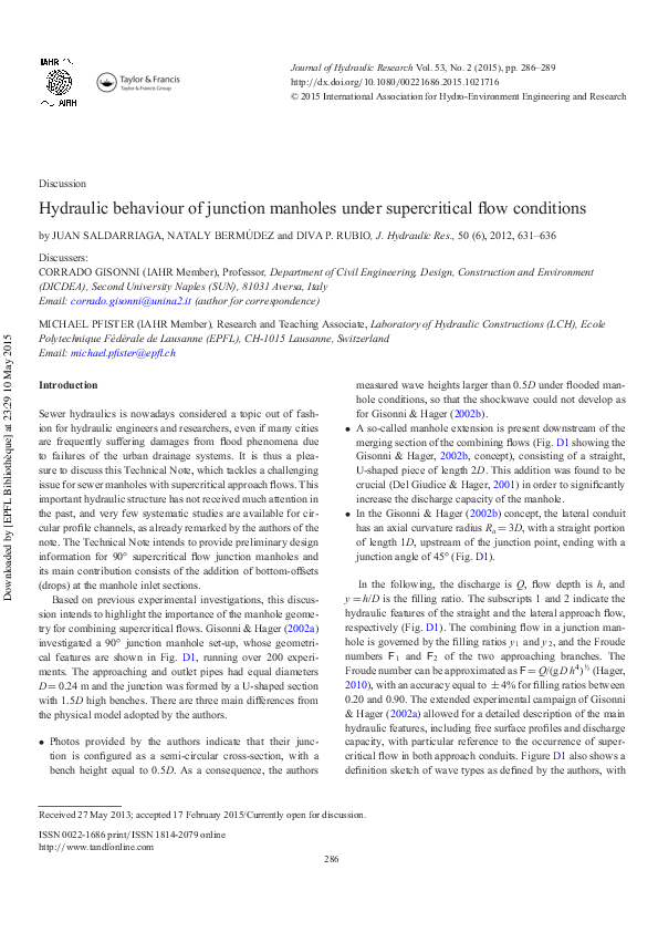 (PDF) Hydraulic behaviour of junction manholes under supercritical flow ...