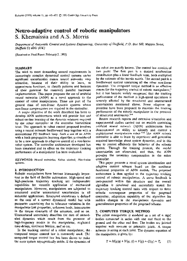 (PDF) Neuro-adaptive control of robotic manipulators