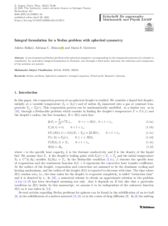 (PDF) Integral formulation for a Stefan problem with spherical symmetry