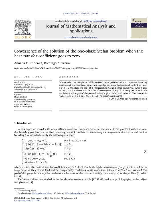 Pdf Convergence Of The Solution Of The One Phase Stefan Problem When The Heat Transfer