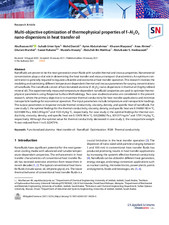 (PDF) Multi-objective optimization of thermophysical properties of f–Al2O3 nano-dispersions in ...