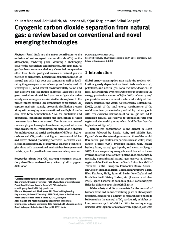 (PDF) Cryogenic carbon dioxide separation from natural gas: a review ...