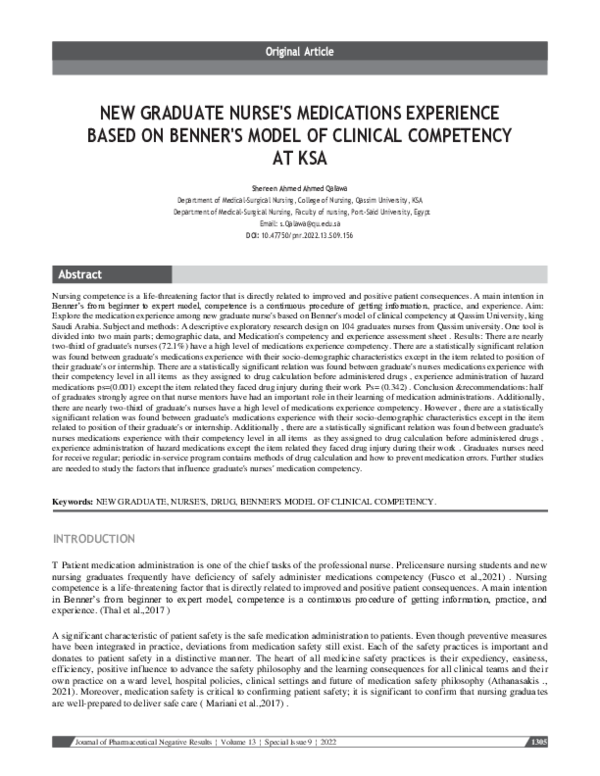 (PDF) New Graduate Nurse's Medications Experience Based on Benner's ...