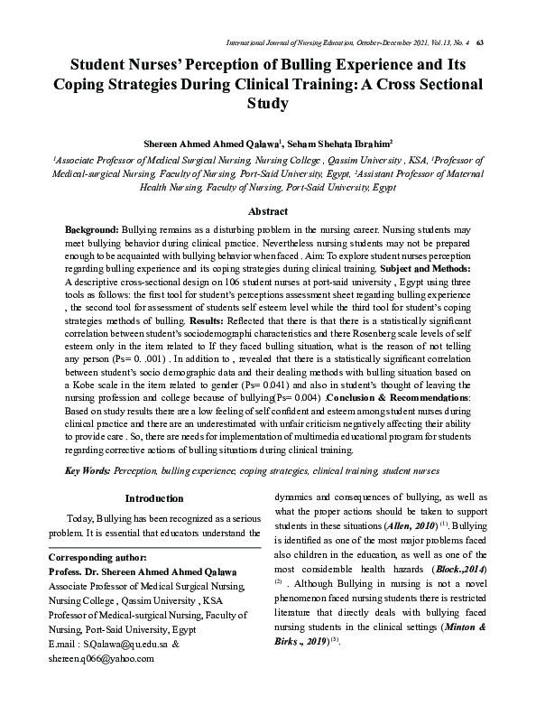 (PDF) Student Nurses’ Perception of Bulling Experience and Its Coping Strategies During Clinical ...