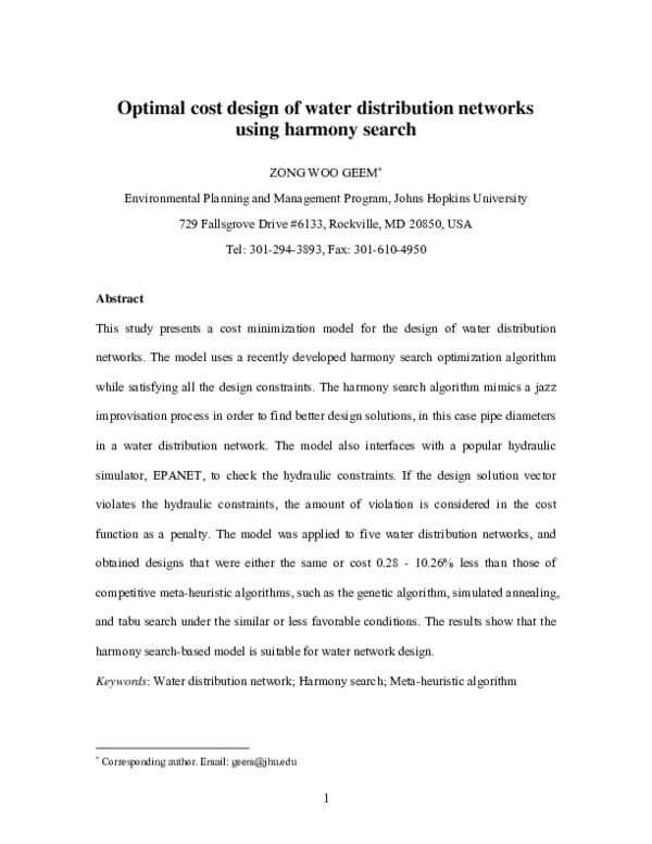 (PDF) Optimal Design of Water Distribution Networks Using Harmony Search