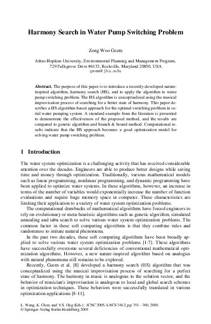 (PDF) Harmony Search in Water Pump Switching Problem