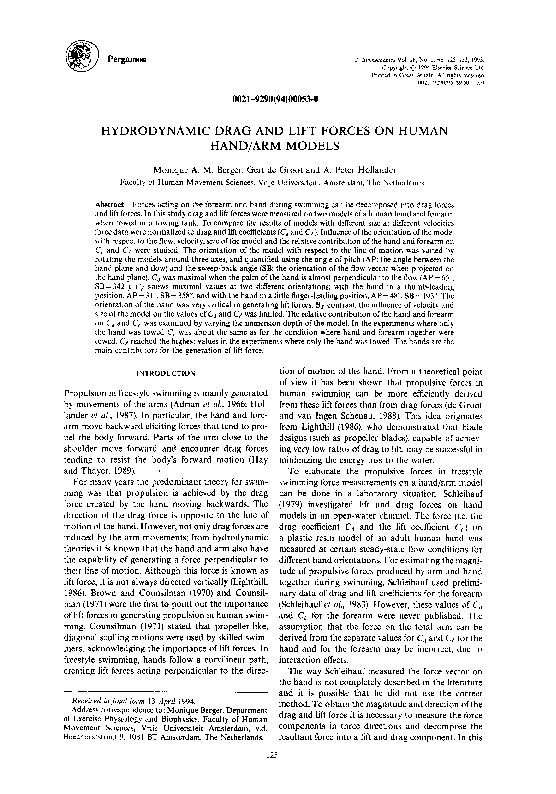 (PDF) Hydrodynamic drag and lift forces on human hand/arm models
