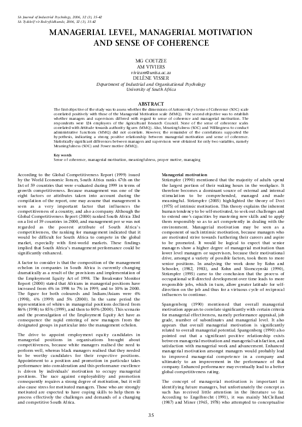 (PDF) Managerial level, managerial motivation and sense of coherence