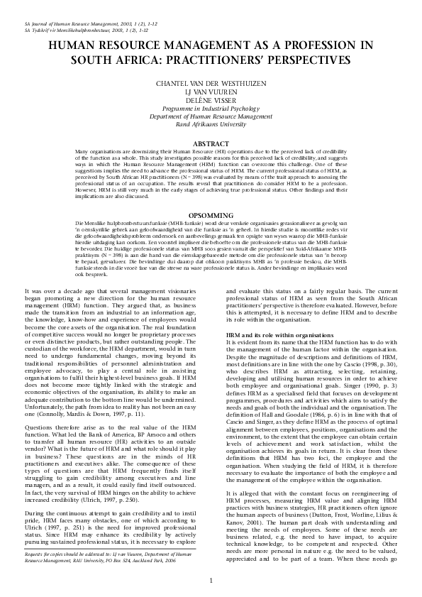 (PDF) Human Resource Management As A Profession In South Africa ...