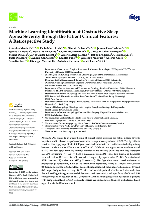 (PDF) Machine Learning Identification of Obstructive Sleep Apnea Severity through the Patient ...