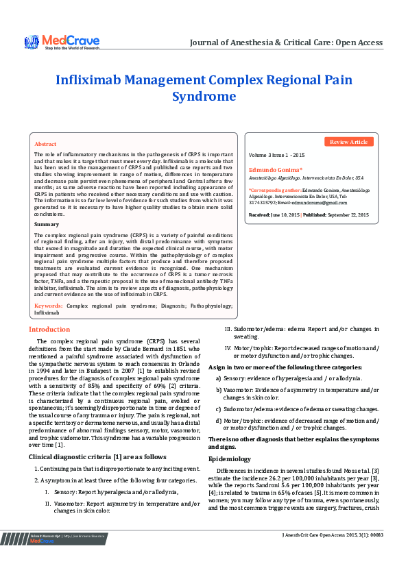 (PDF) Infliximab Management Complex Regional Pain Syndrome
