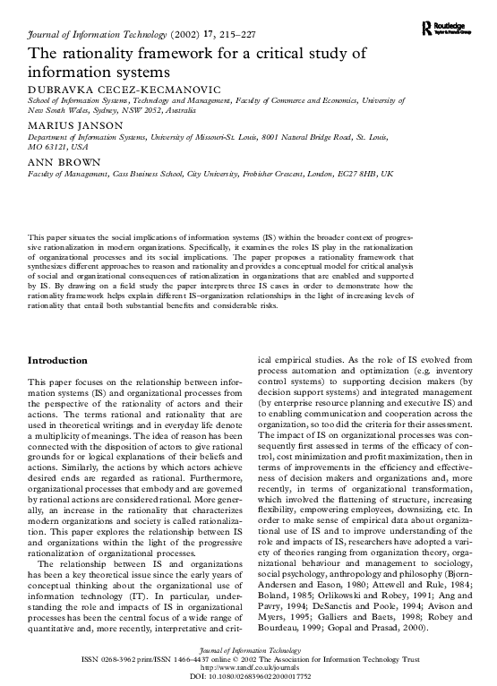 (PDF) The Rationality Framework for a Critical Study of Information Systems