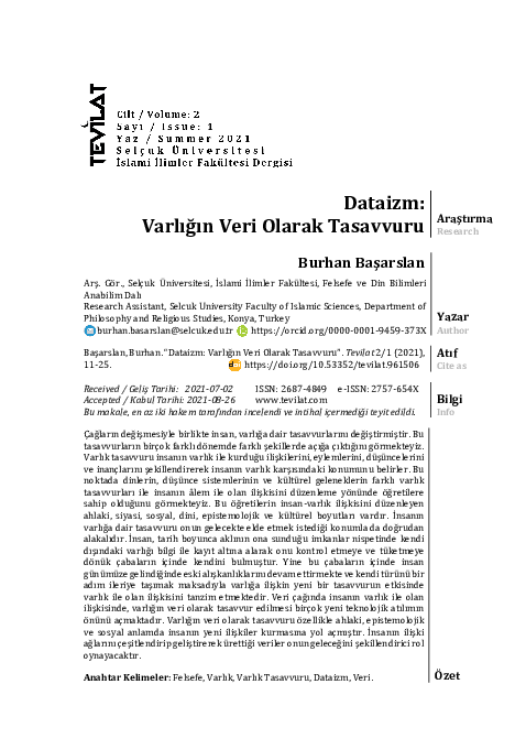 (PDF) Dataizm: Varlığın Veri Olarak Tasavvuru