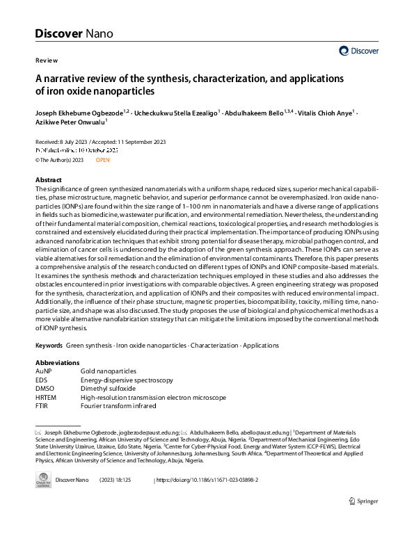 (PDF) A narrative review of the synthesis, characterization, and applications of iron oxide ...